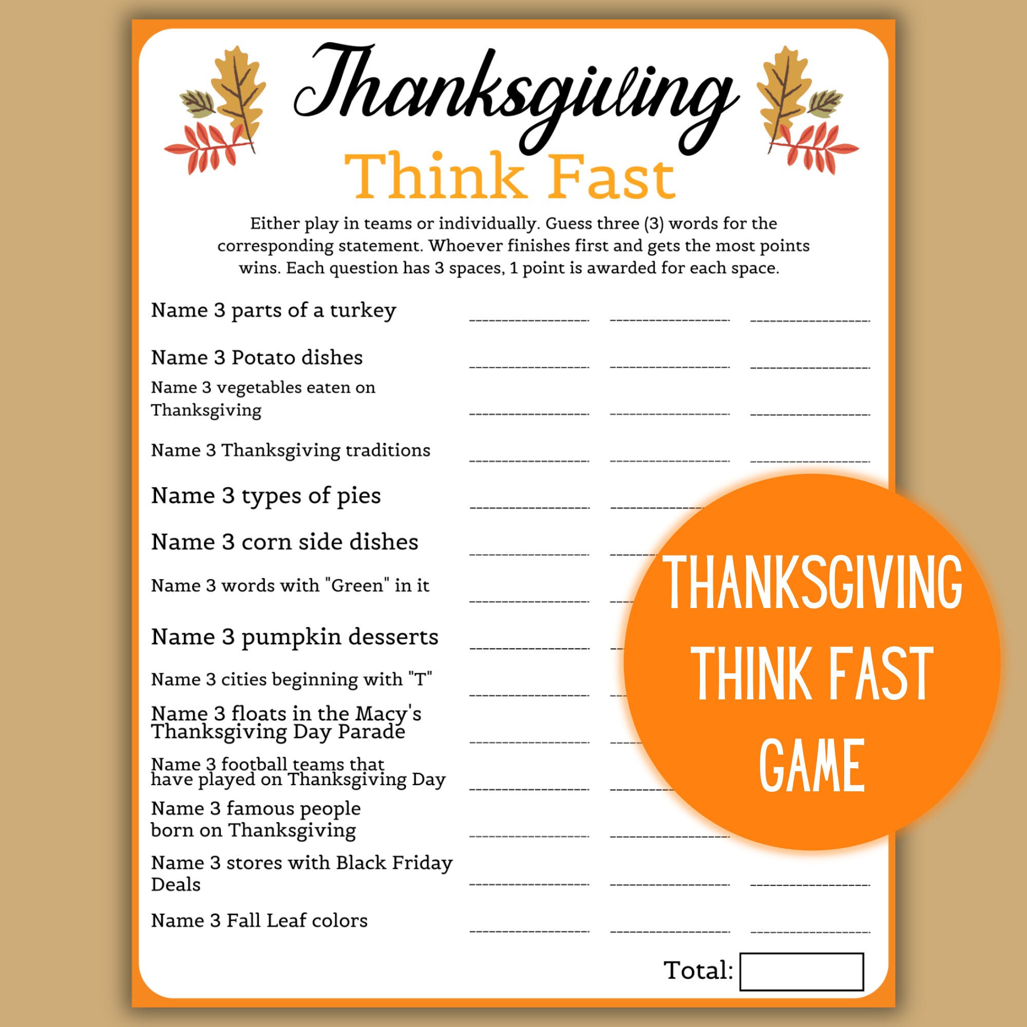 Thanksgiving Think Fast Game | Printable Thanksgiving Game ...