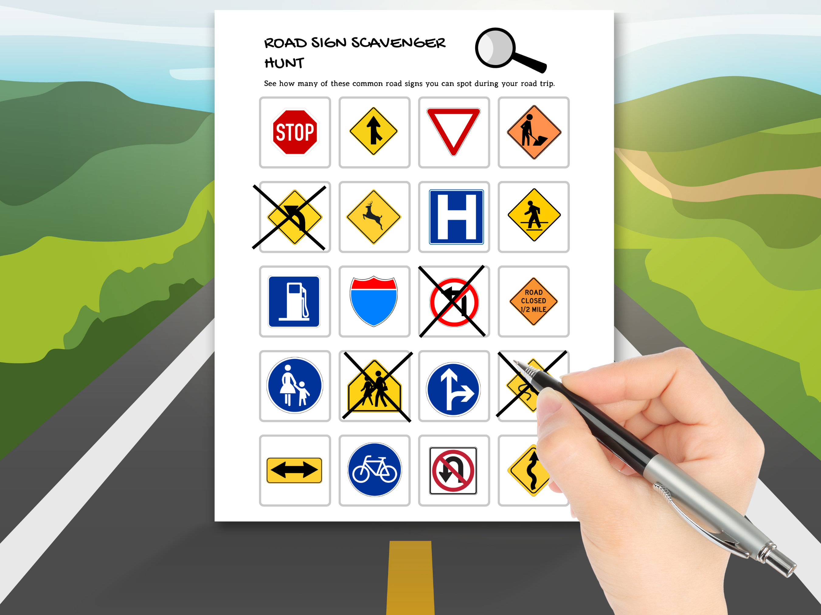 Road Sign Scavenger Hunt Game Printable Printable Travel Games Long ...