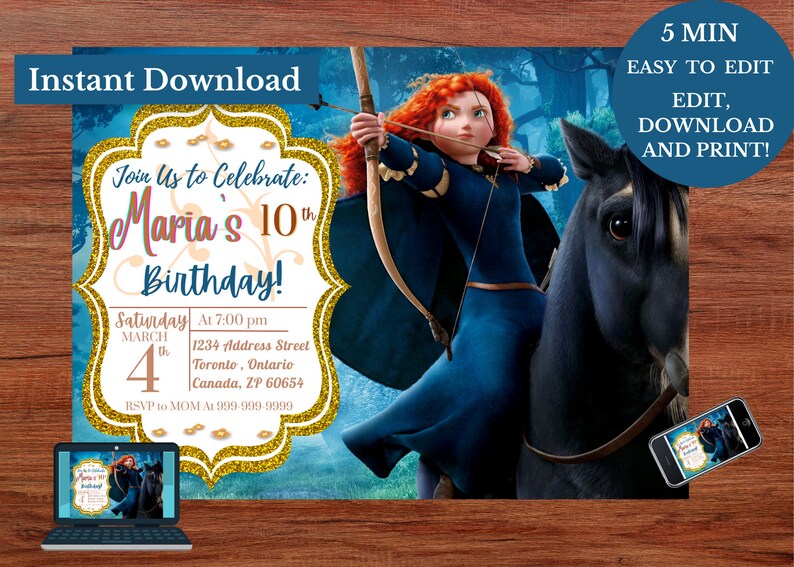 Princess Merida BRAVE BIRTHDAY Merida Editable Party Invitation Kids ...