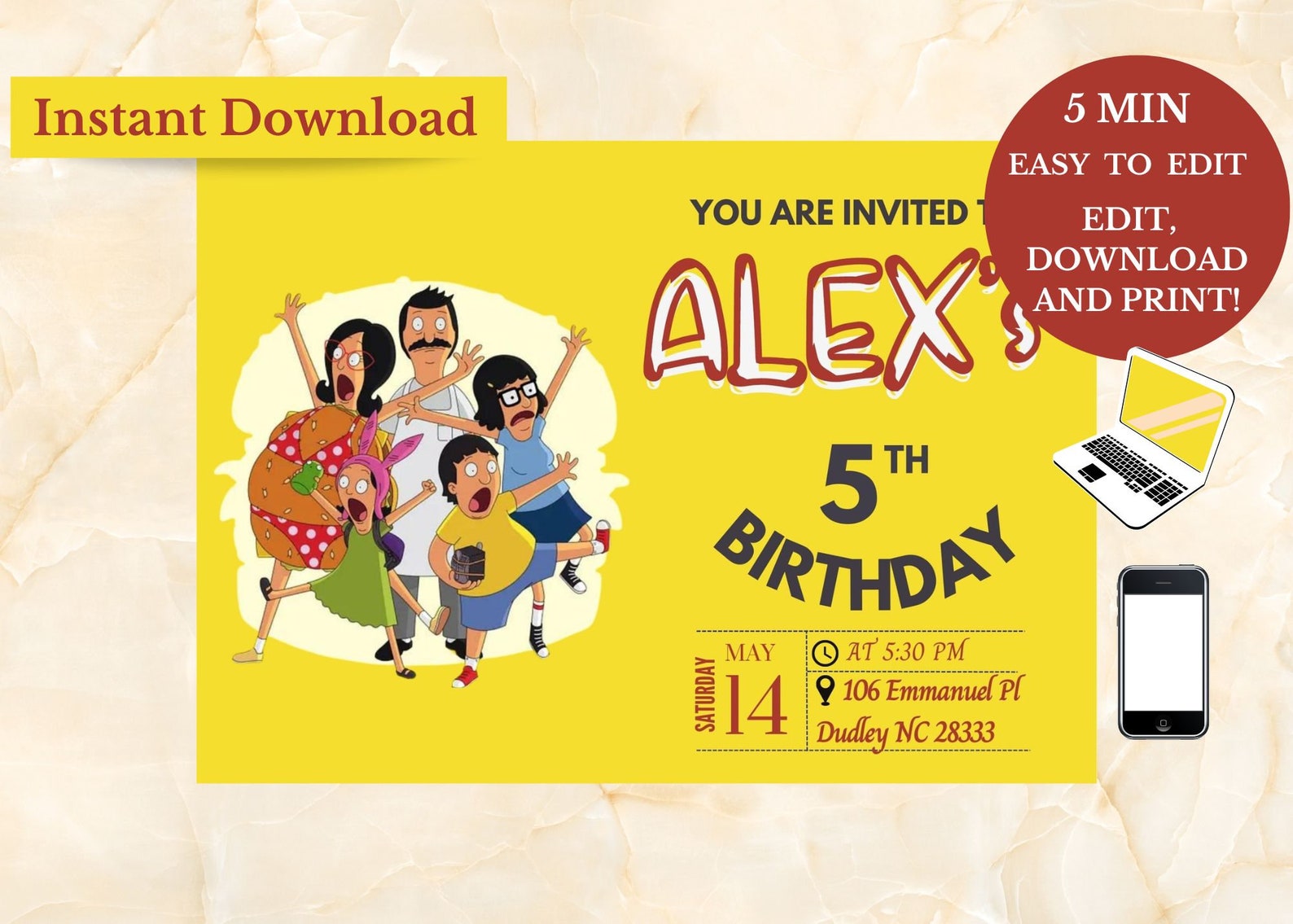Bob's Burger BIRTHDAY Merida Editable Party Invitation Kids Card Invite ...