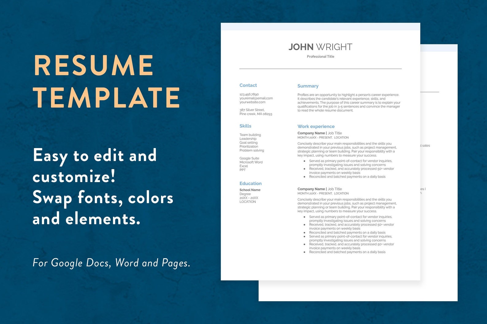 Modern Resume Template for Google Docs Pages and Word 1 and | Etsy