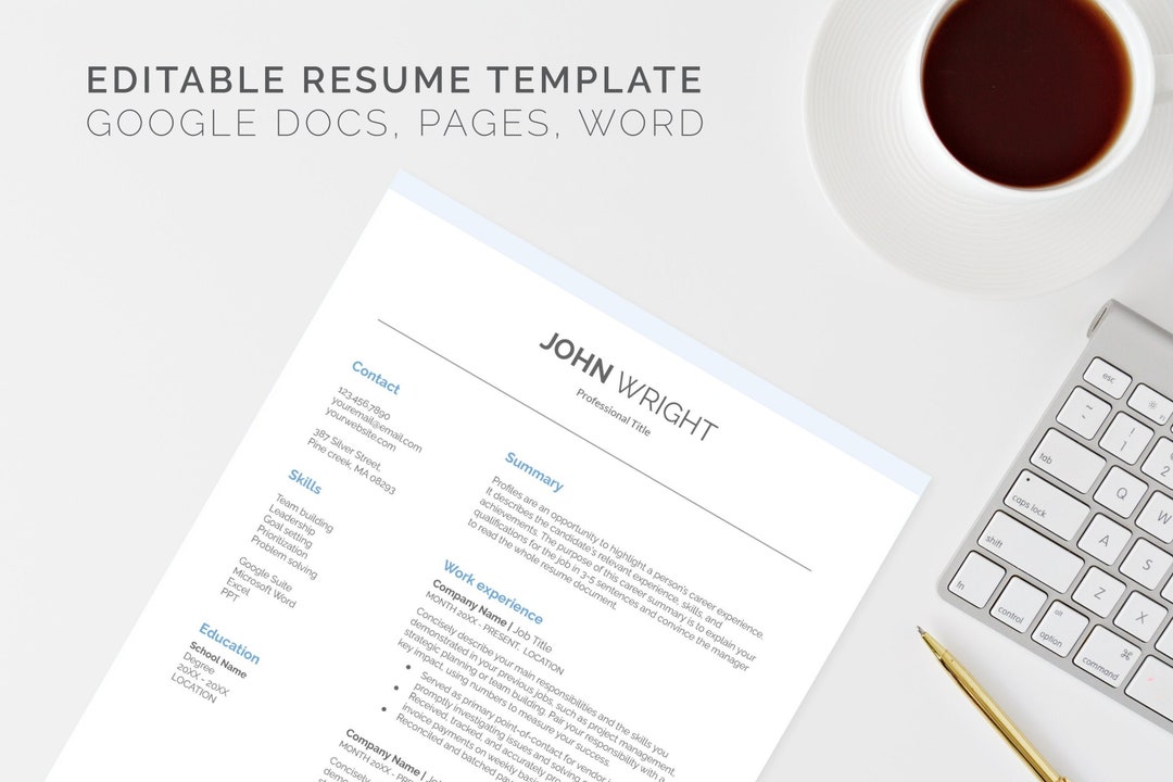 Modern Resume Template for Google Docs, Pages and Word 1 and 2 Page ...