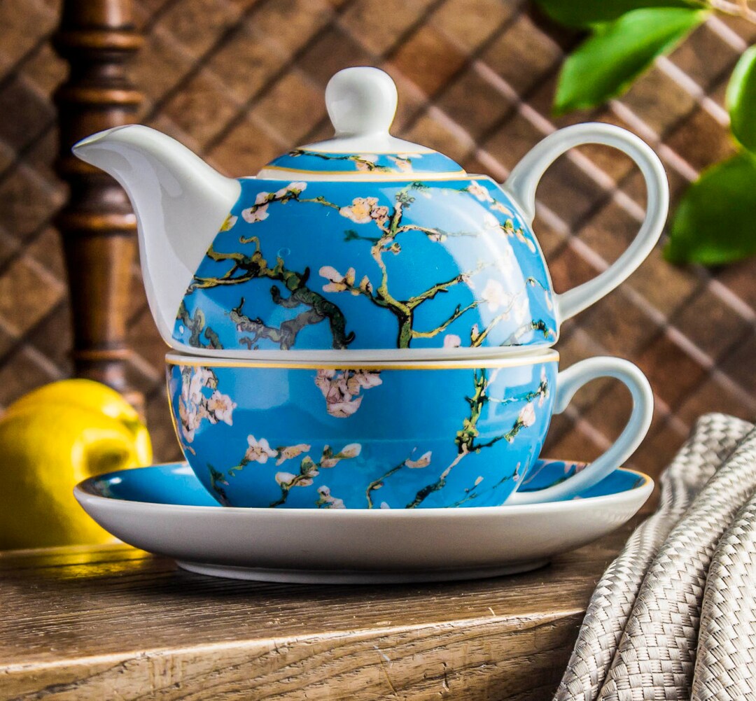 Van Gogh Ceramic Teapot Duo With Cup Almond Tree Blue - Etsy