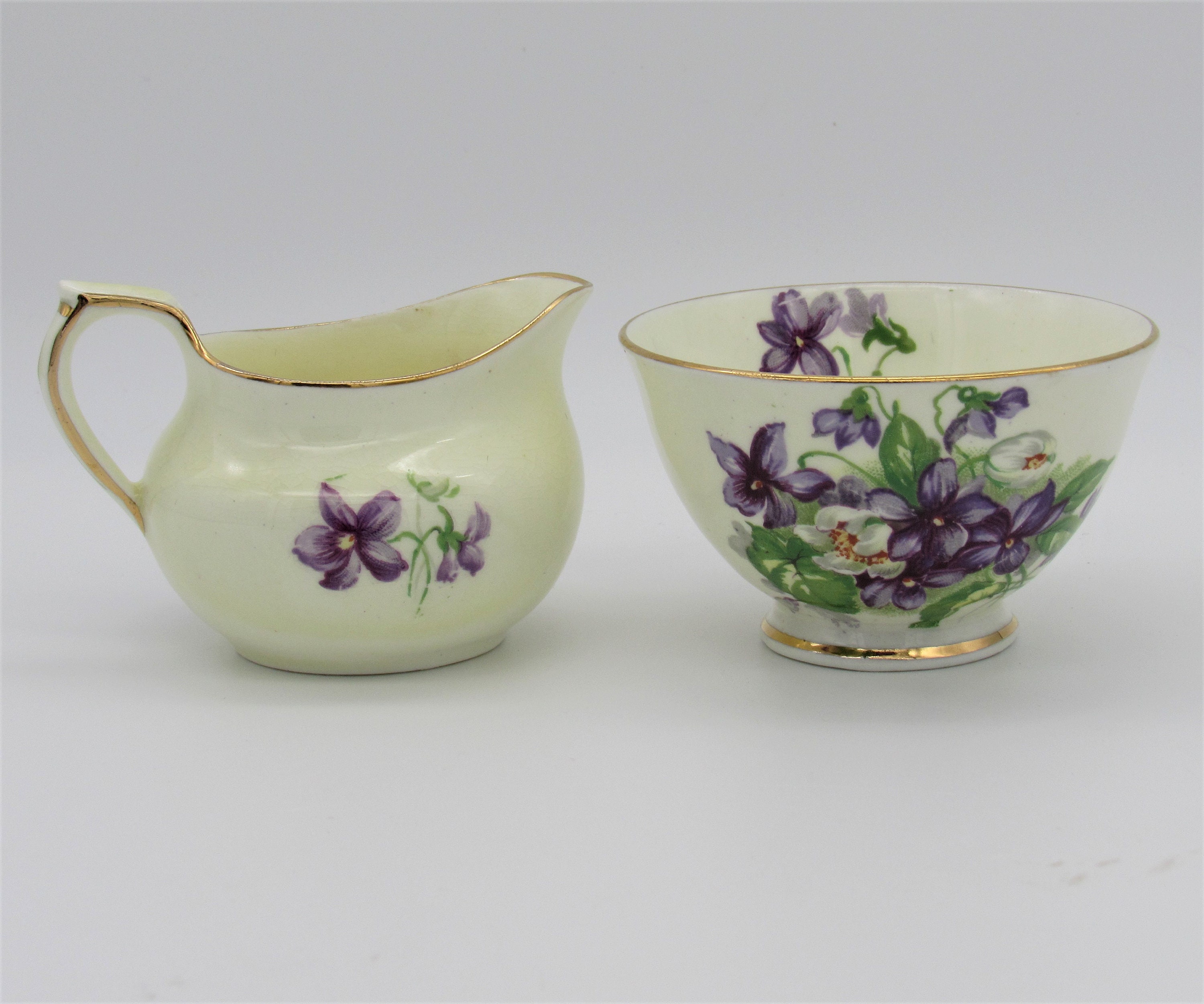 H & M Sutherland English Bone China devon Violets Sugar and Creamer Set ...