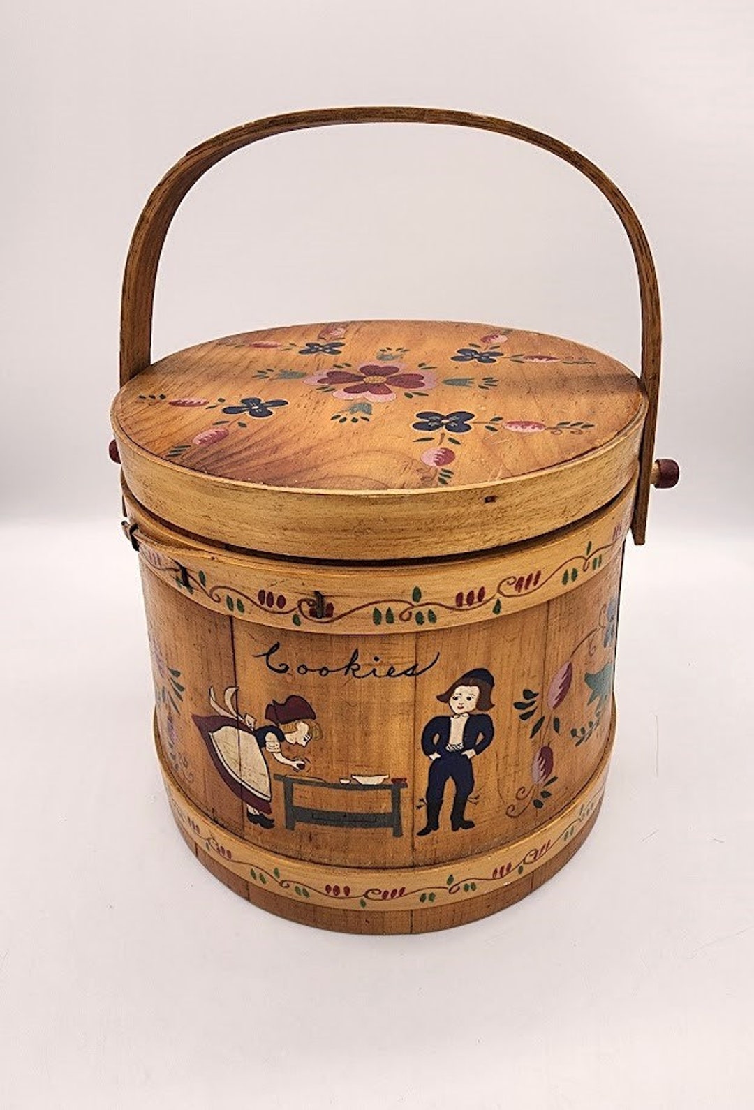 Vintage 1950s Firkin Sugar Bucket, Hand Painted Folk Art Wooden Firkin ...