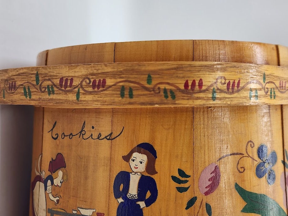 Vintage 1950s Firkin Sugar Bucket, Hand Painted Folk Art Wooden Firkin ...