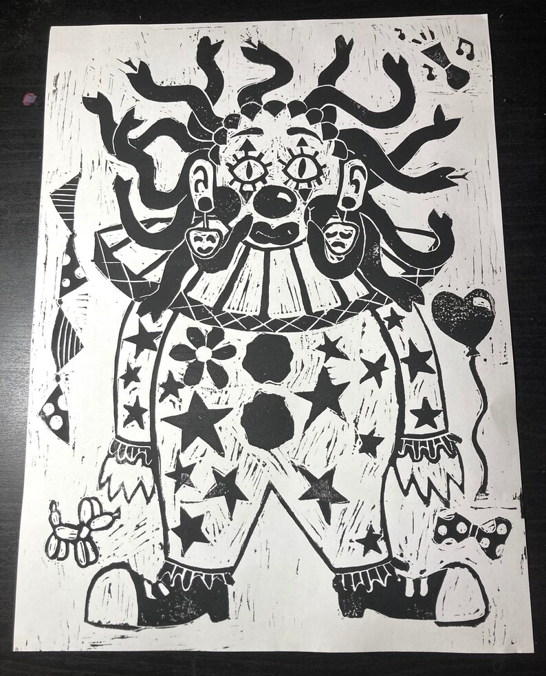 Creepy/cute Clowncore Medusa 9x12 Linocut Print | Etsy