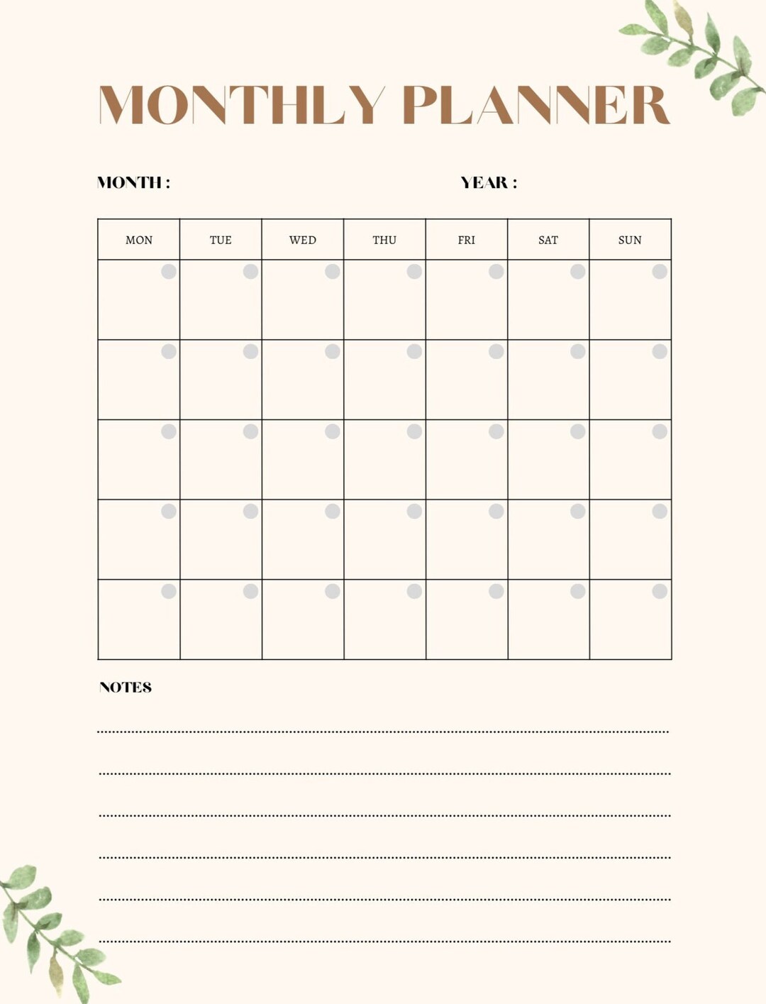 Minimalist Monthly Planner Printable With Green Leaves Design - Etsy