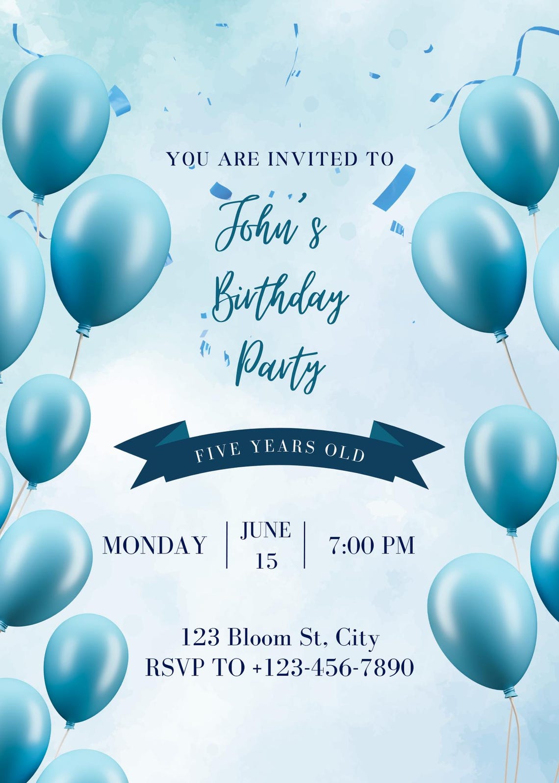 Blue Balloon Boys Birthday Party Editable Invitation - Digital Template ...