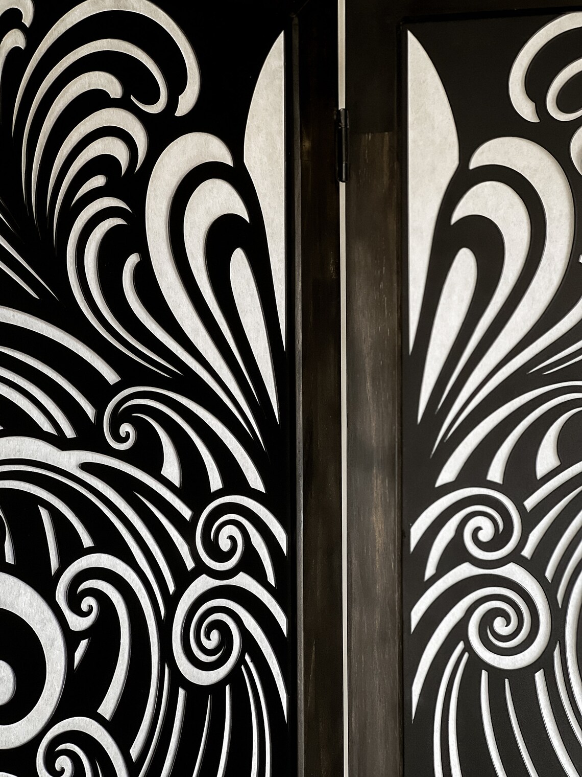 Black Laser Cut Metal and Stained Wood Frame Room Divider Privacy ...