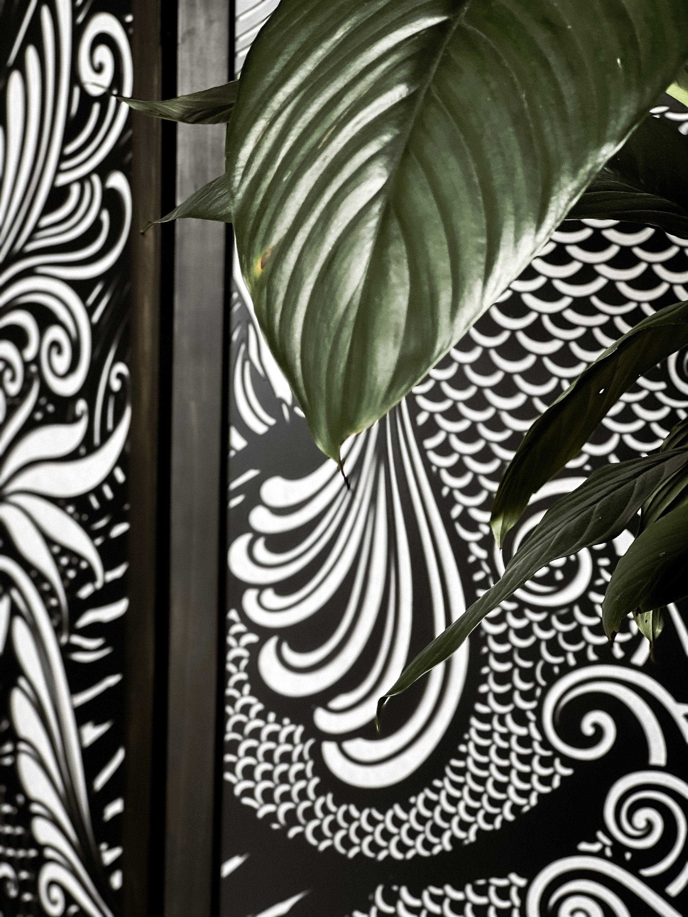 Black Laser Cut Metal and Stained Wood Frame Room Divider Privacy ...