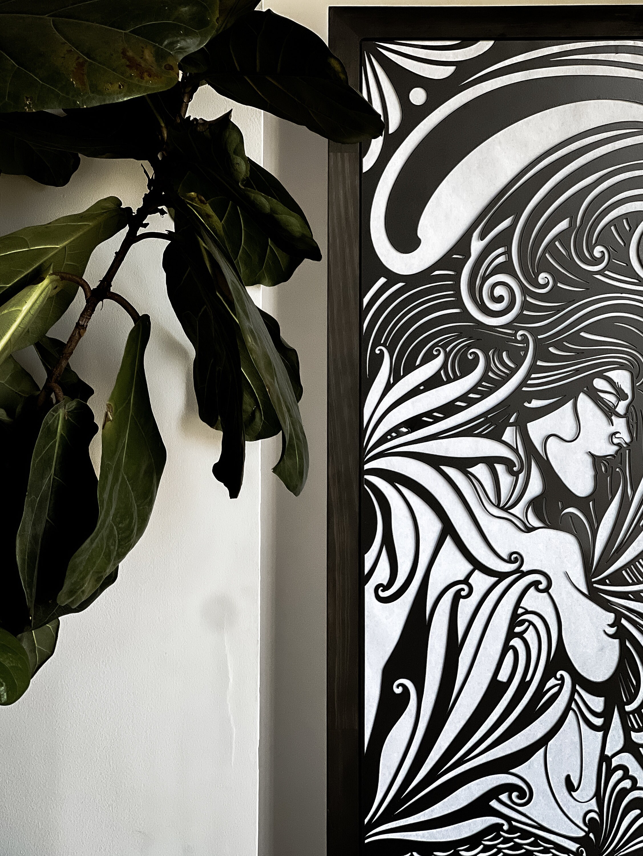 Black Laser Cut Metal and Stained Wood Frame Room Divider Privacy ...