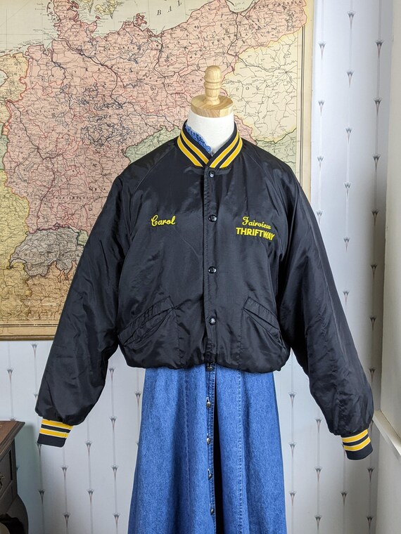 80s black Thriftway employee jacket embroidered with … - Gem