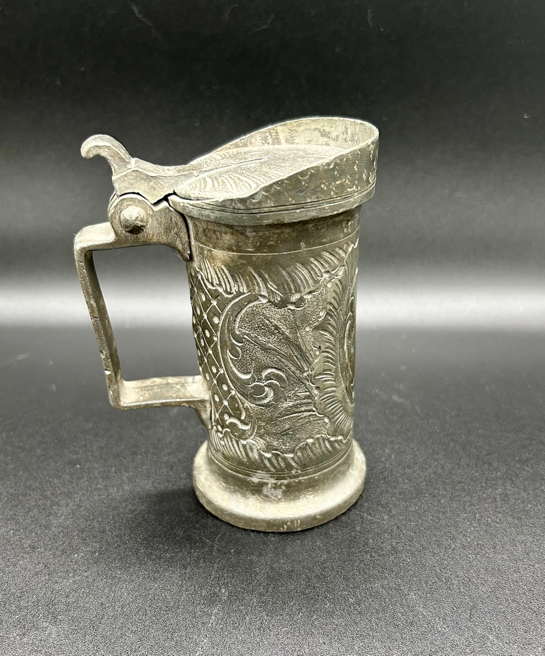 Primitive Etched Pewter Stein/pitcher With Hinged Lid - Etsy