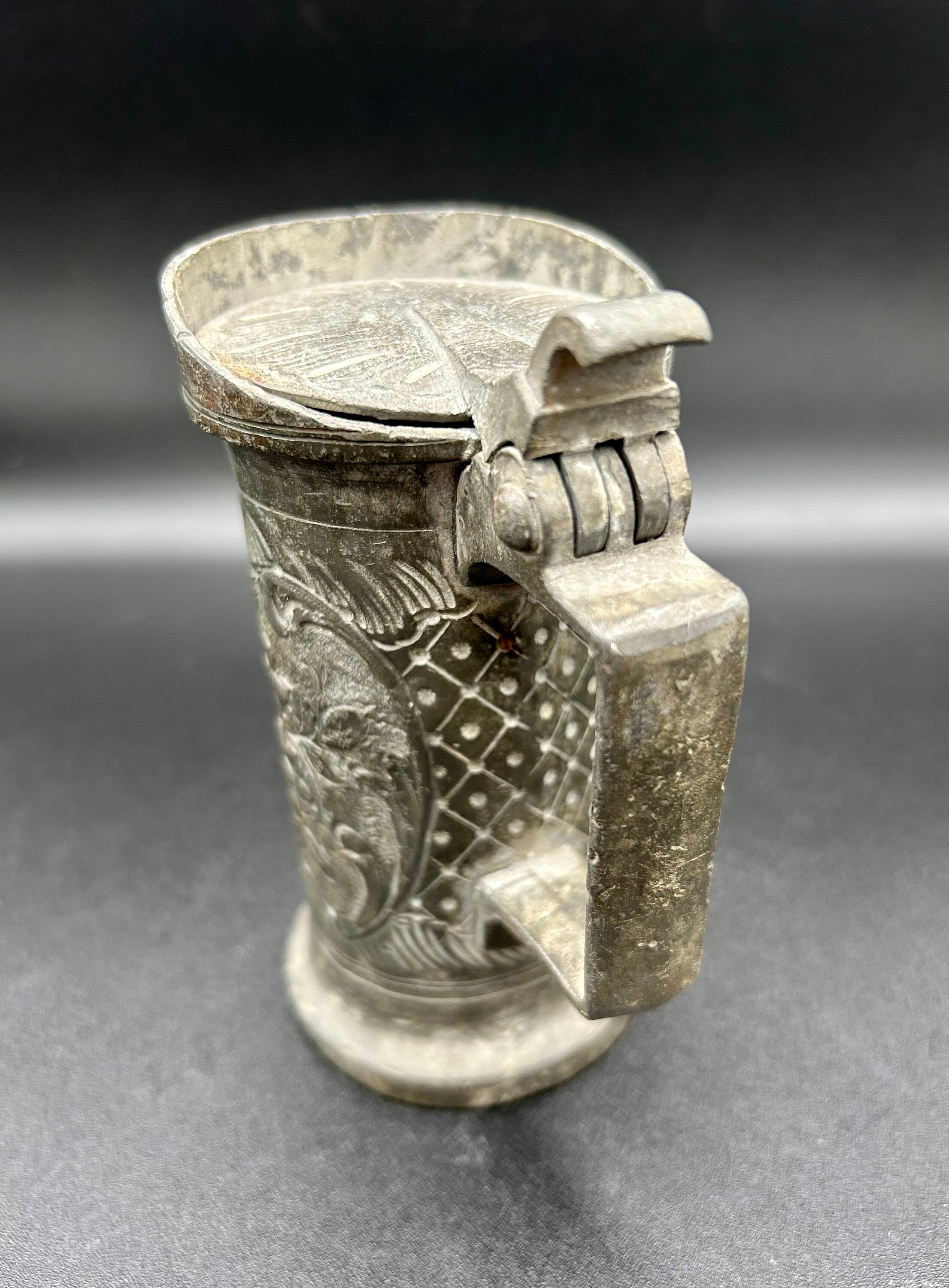 Primitive Etched Pewter Stein/pitcher With Hinged Lid - Etsy