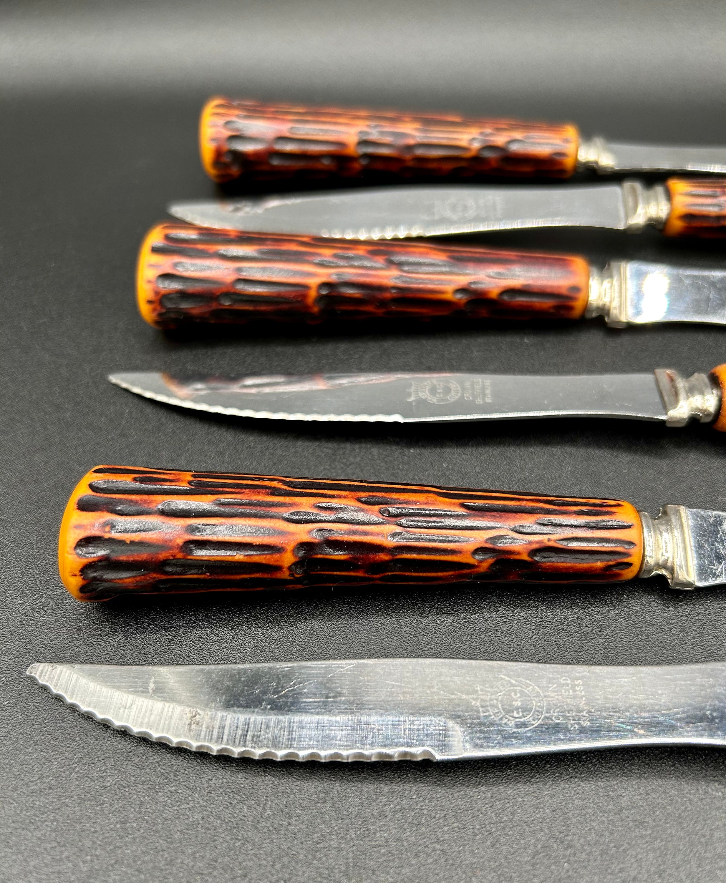 Crown Sheffield Stainless Serrated Steak Knives With Faux Stag Horn ...