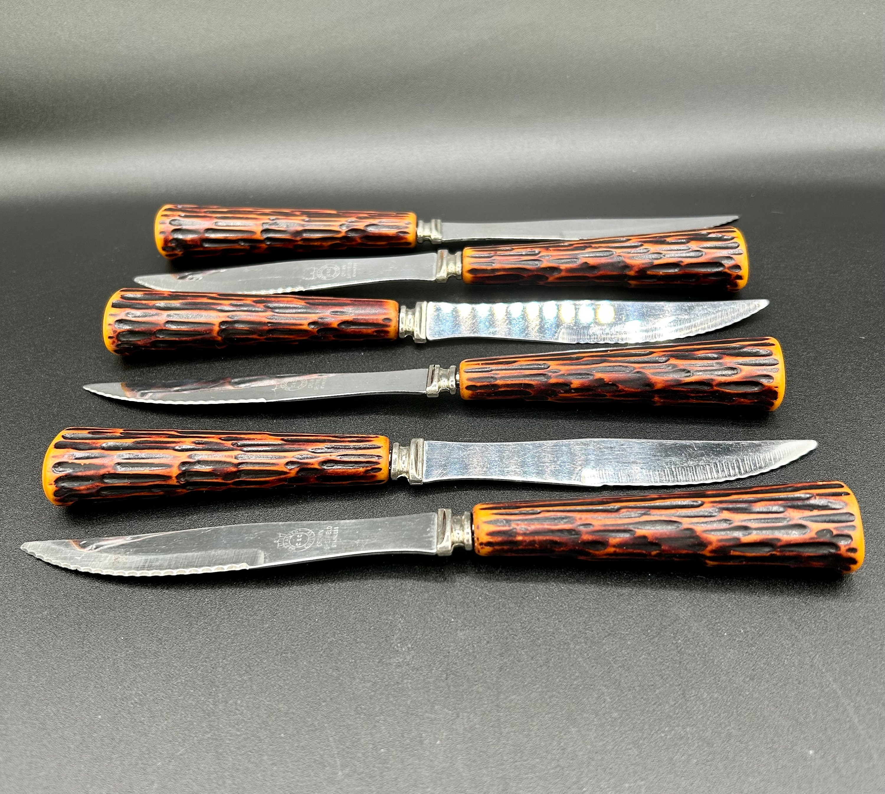 Crown Sheffield Stainless Serrated Steak Knives With Faux Stag Horn ...