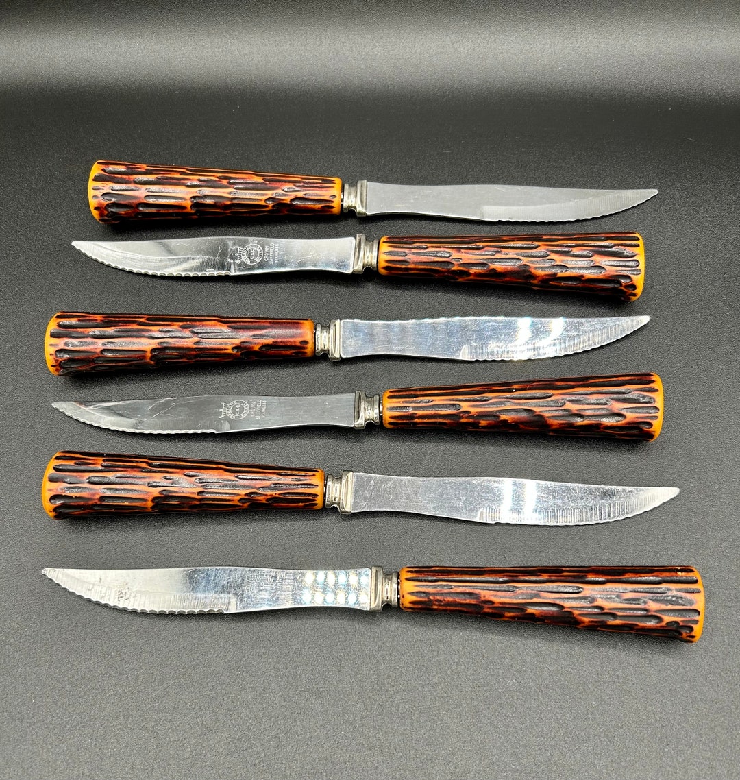 Crown Sheffield Stainless Serrated Steak Knives With Faux Stag Horn ...