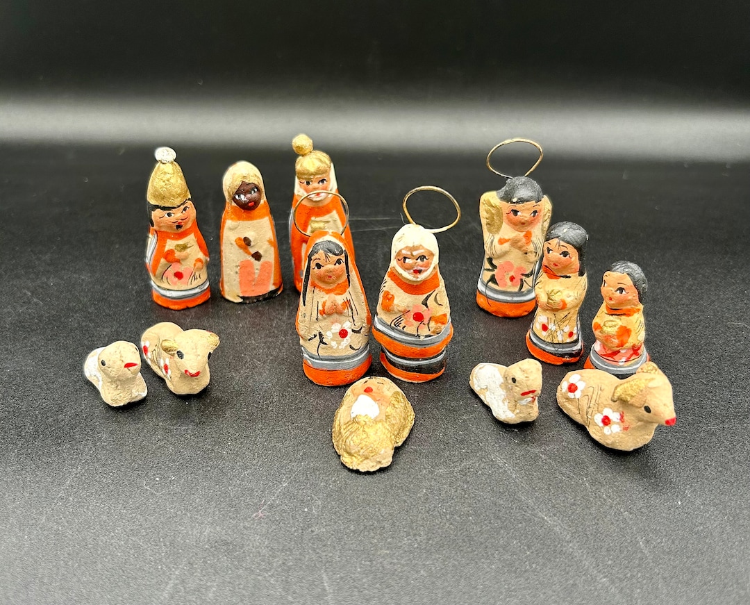 Mexican Folk Art Mini Manger Set, Mexican Clay, Hand Painted - 13 ...