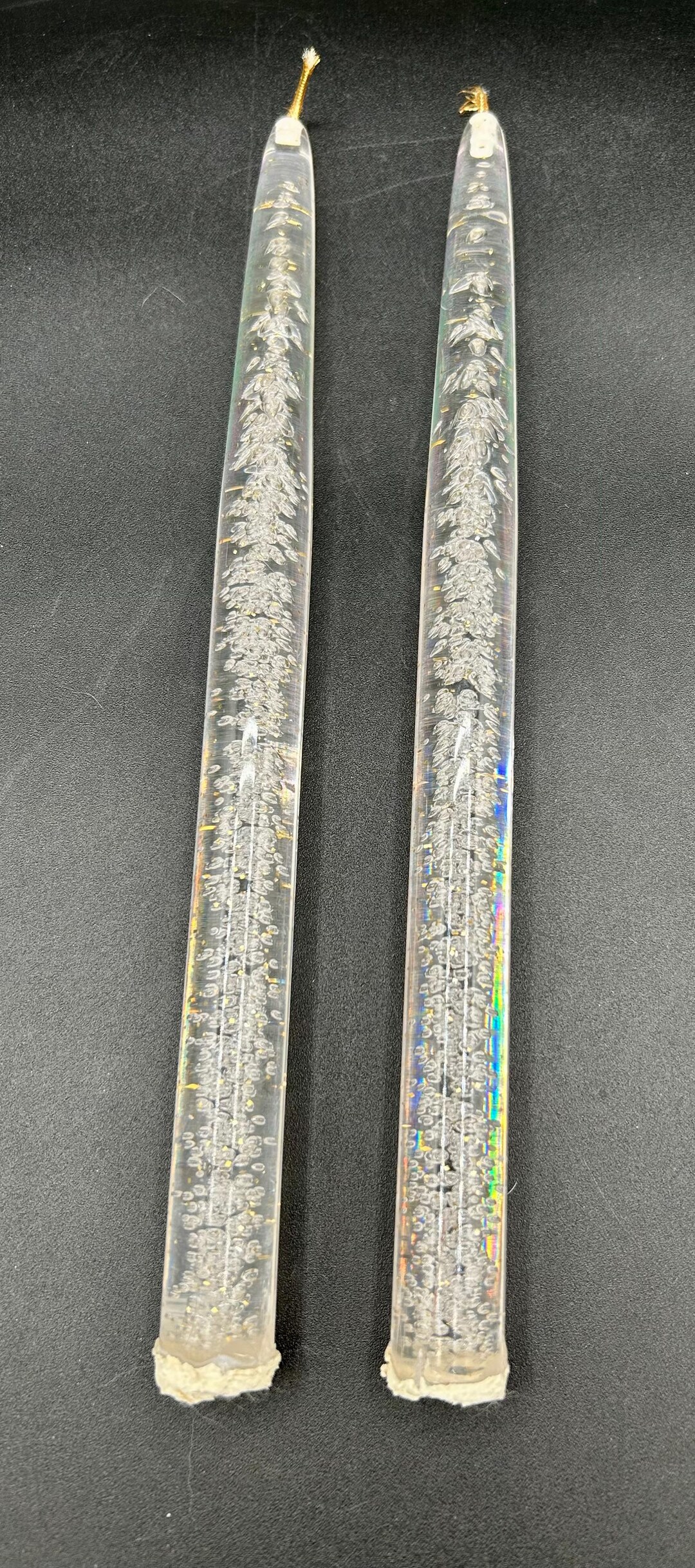 Pair of Vintage Acrylic Lucite Candles Clear With Gold Flecks 10