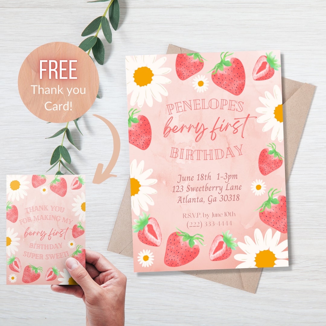 Berry First Birthday Invitation, Strawberry Party Invitation, Daisy ...