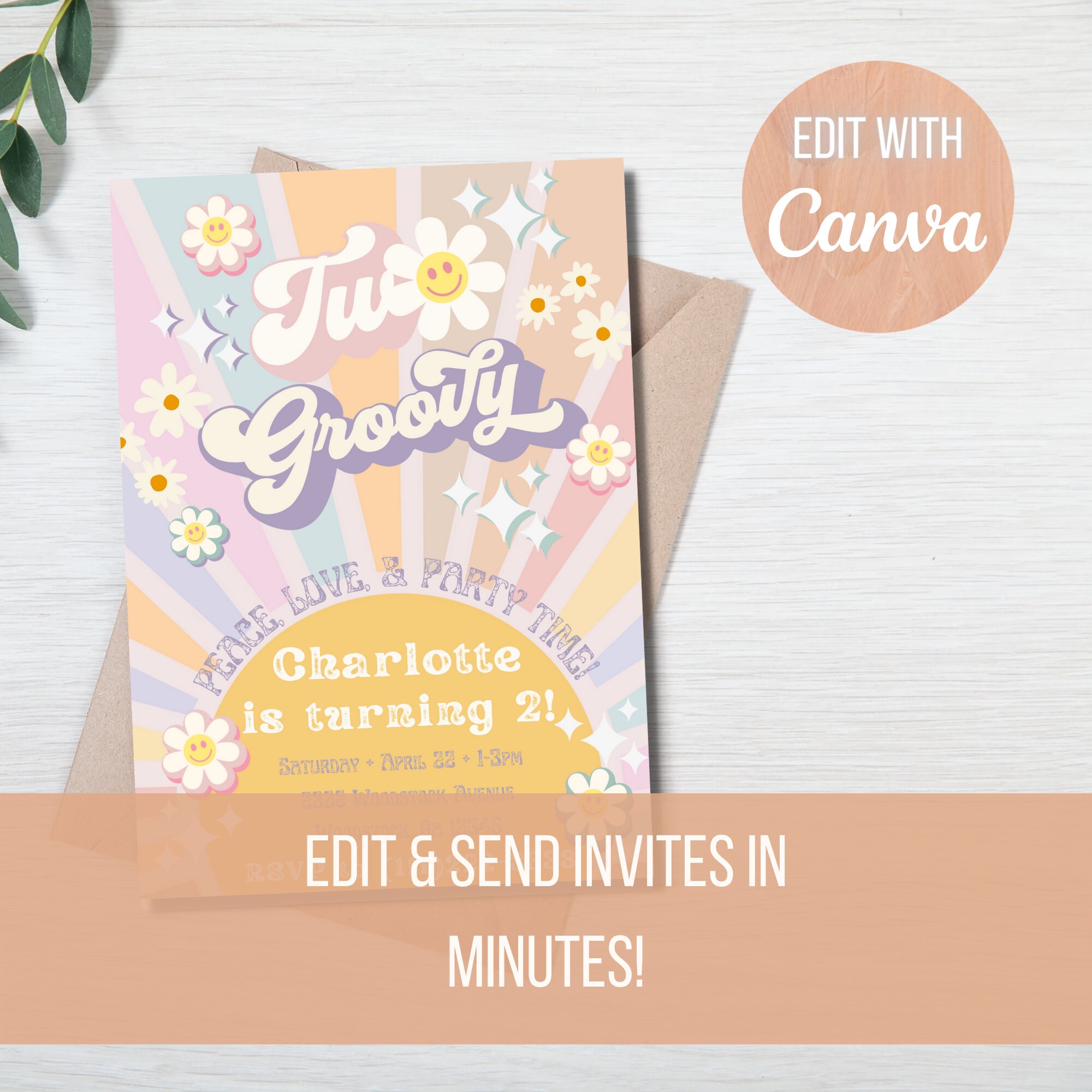 Two Groovy Birthday Party Invitation Editable Daisy Retro Birthday ...