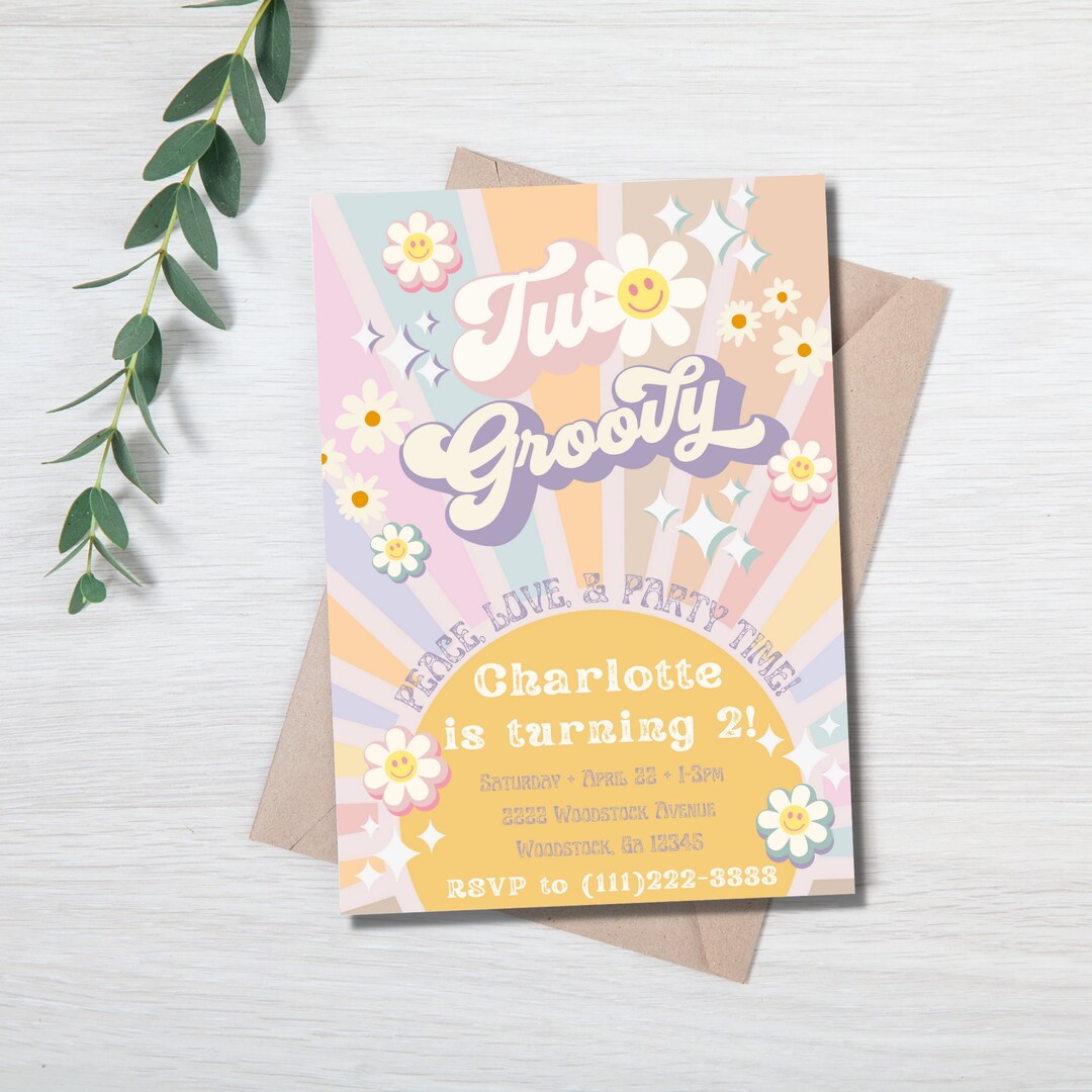 Two Groovy Birthday Party Invitation Editable Daisy Retro Birthday ...