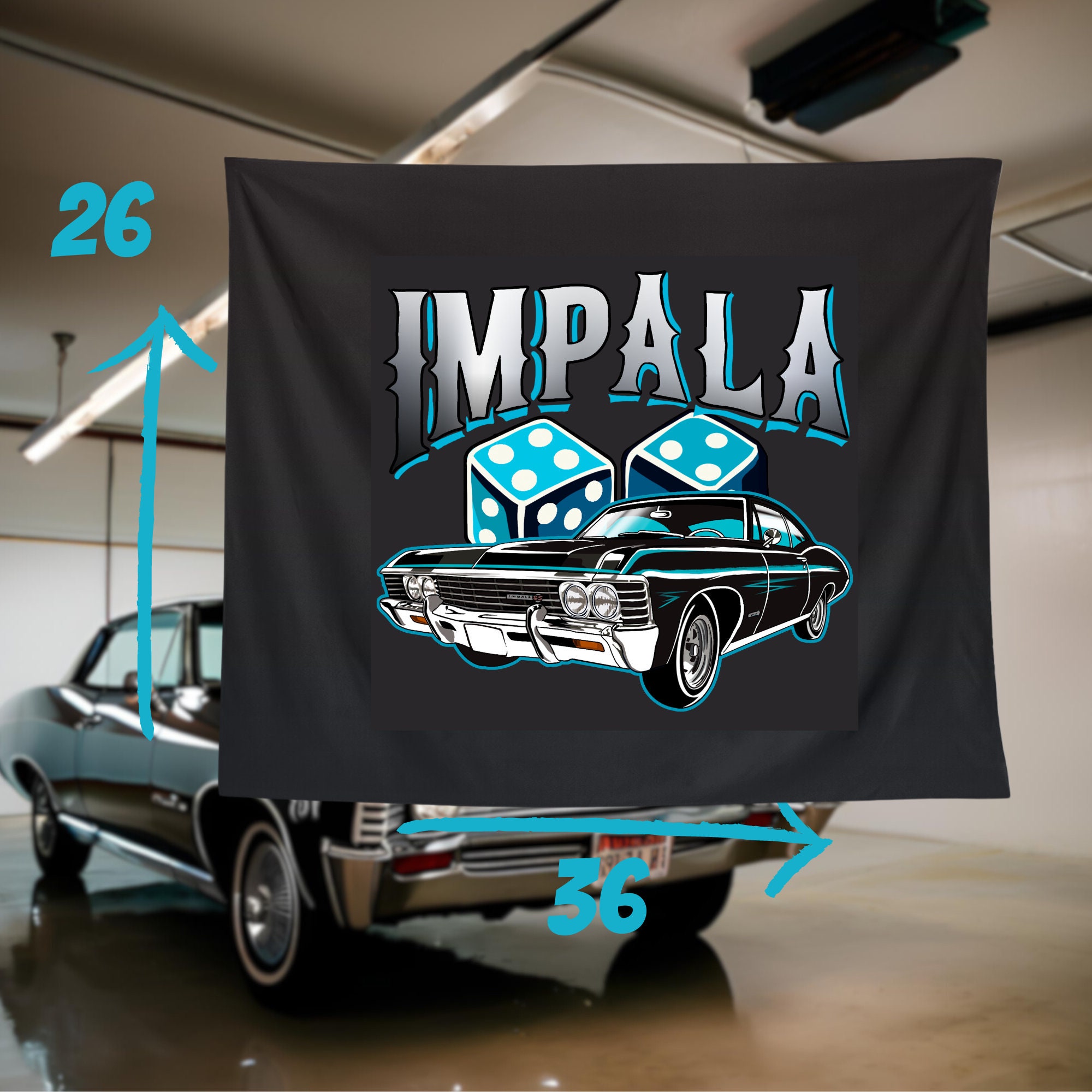 1967 Chevy Impala Black Blue Retro Wall Tapestry Flag Horizontal Chevy ...