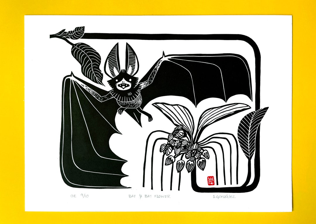 Linocut Bat Wall Art, Goth Decor, Goth Wall Art, Lino Print, Cute Bat ...