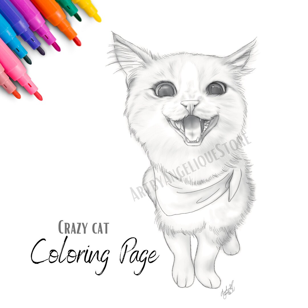 Crazy Cat Coloring Page: Fun Animal Art (digital Download) - Etsy