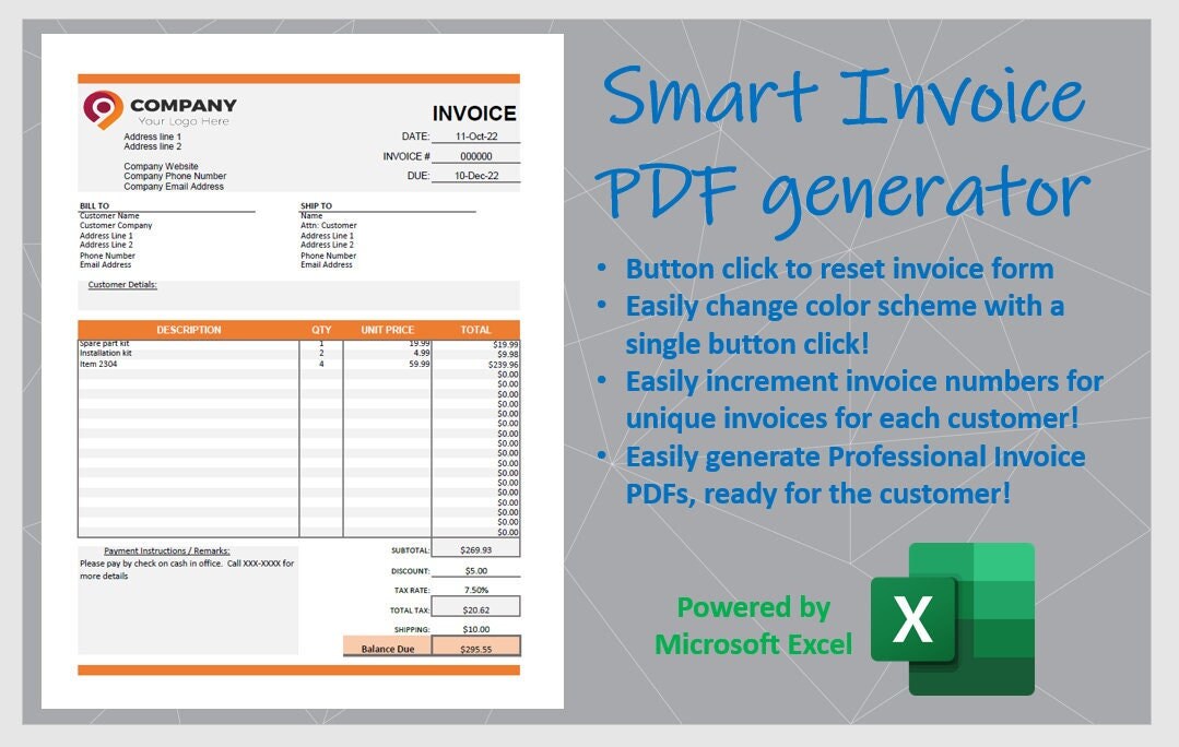 Smart Invoice PDF Generator & Template Powered by Microsoft Excel - Etsy