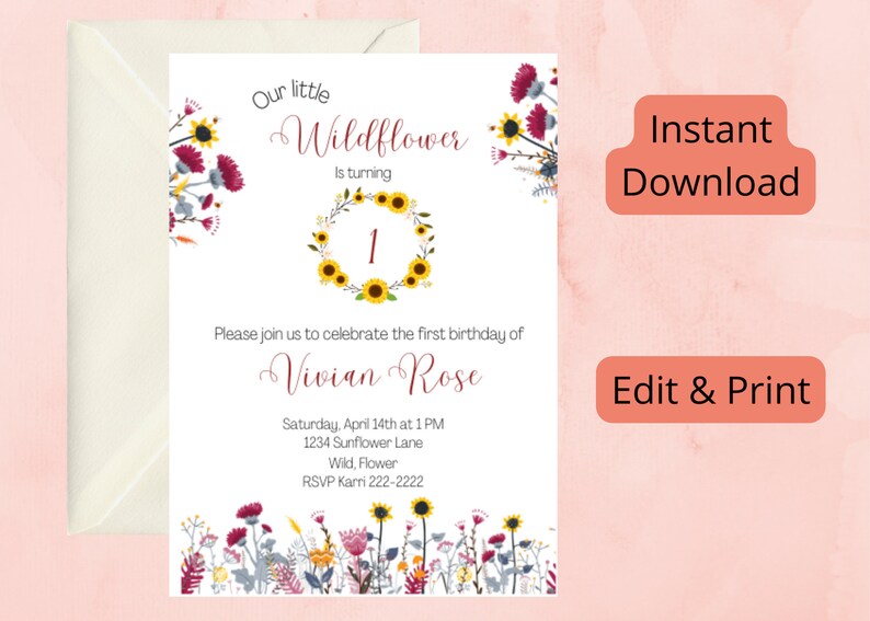 Wildflower Birthday Invitation-digital Template-editable-printable- ANY ...