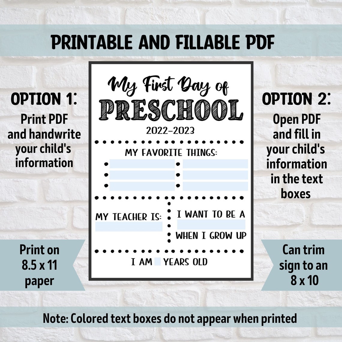 Printable Back to School Sign / First Day of Preschool / Fillable PDF ...
