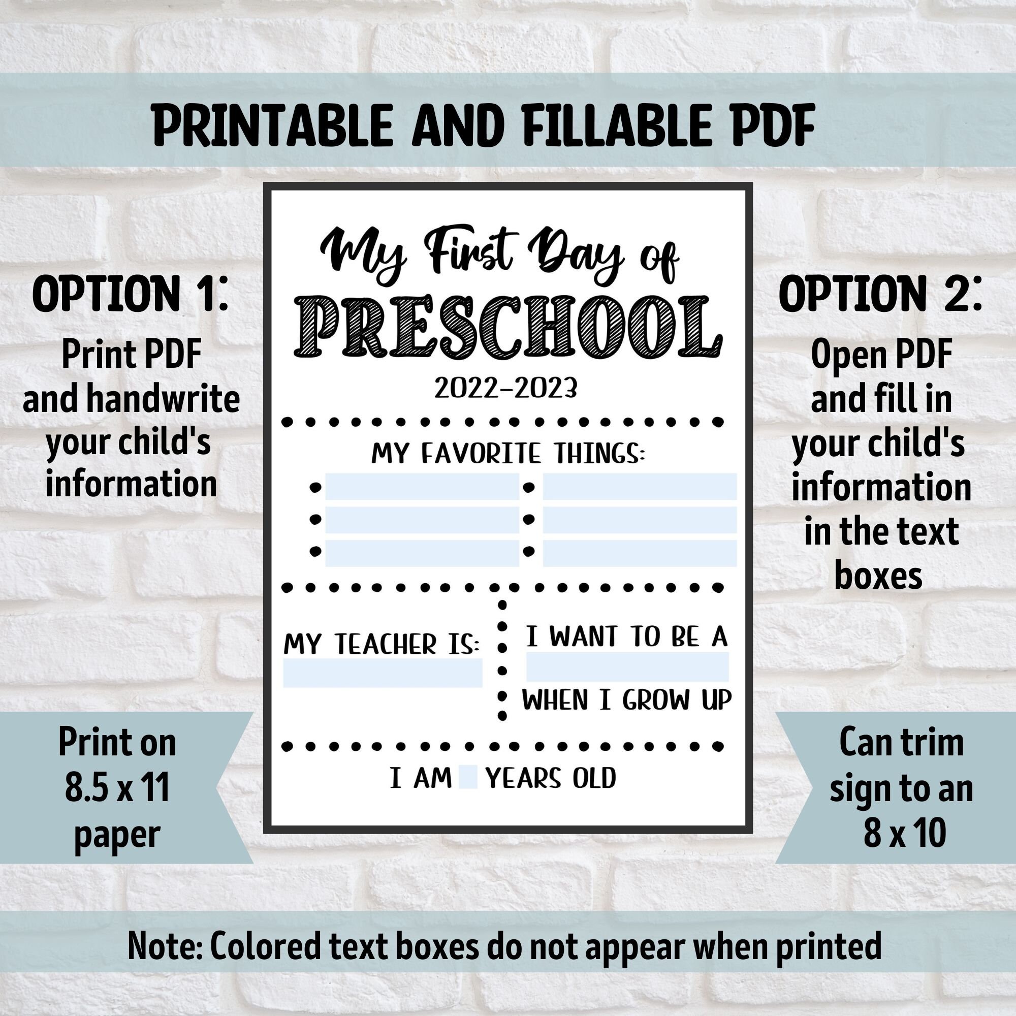 Printable Back to School Sign / First Day of Preschool / Fillable PDF ...