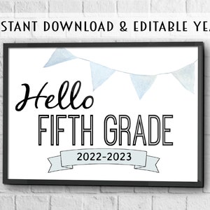 Printable Back to School Sign / Hello Fifth Grade Sign / First Day of ...