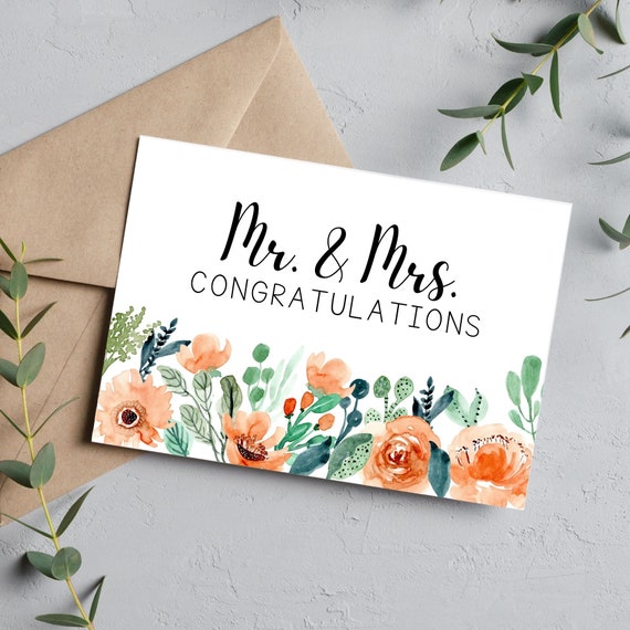 Printable Wedding Card / Mr. and Mrs. Congratulations Card / - Etsy
