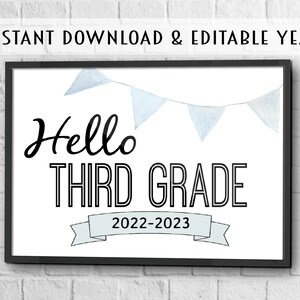 Printable Back to School Sign / Hello Third Grade Sign / First Day of ...