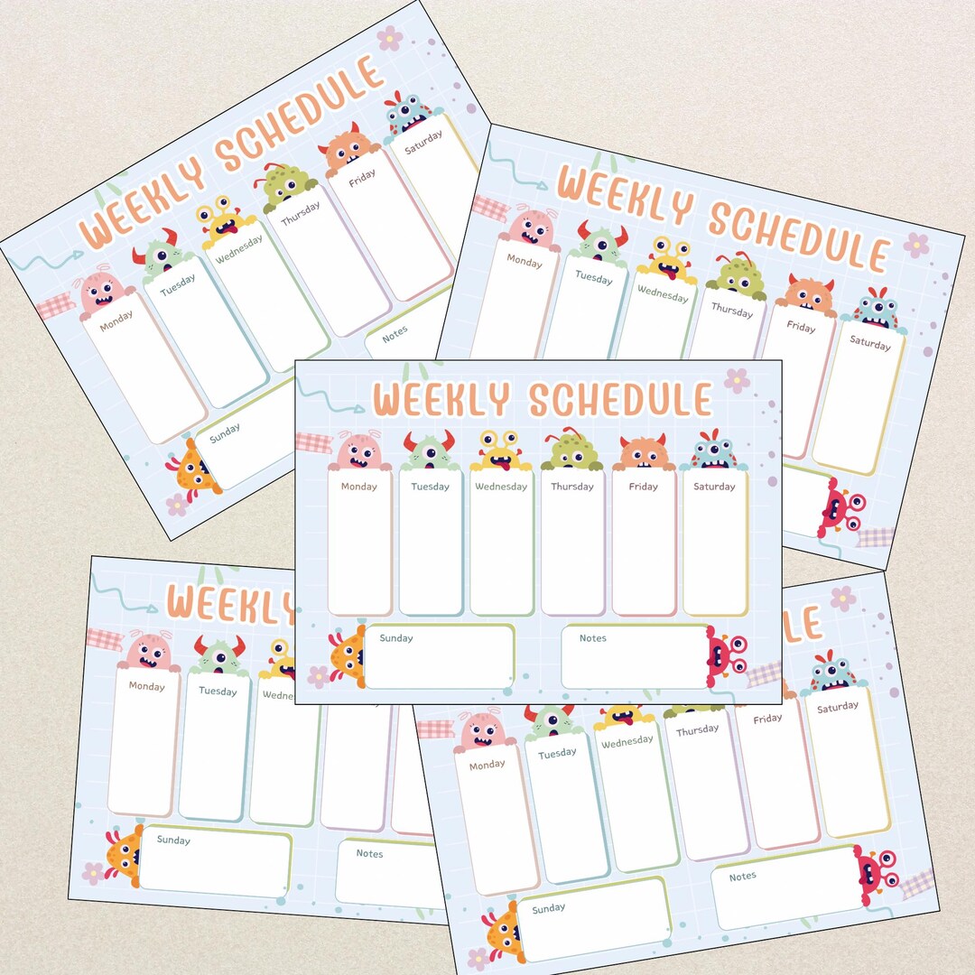 Pintable Weekly Planner PDF, Cute Monster Theme Schedule, Kawaii Weekly ...