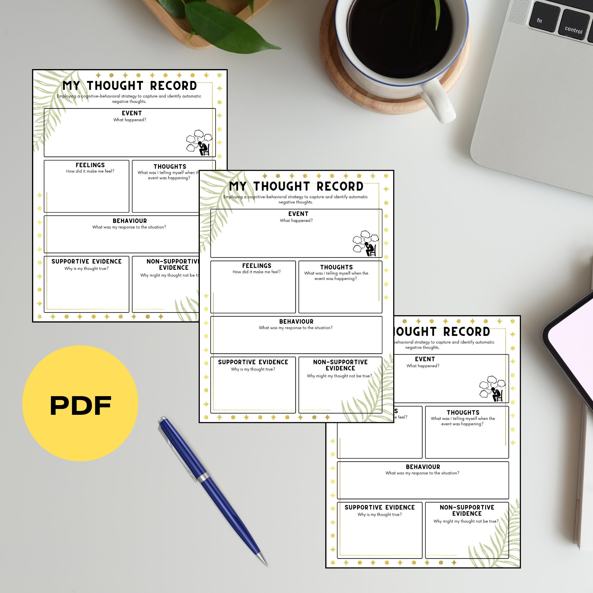 Thought Record, Thought Log, Thought Tracker, Thought Journal, Mental ...