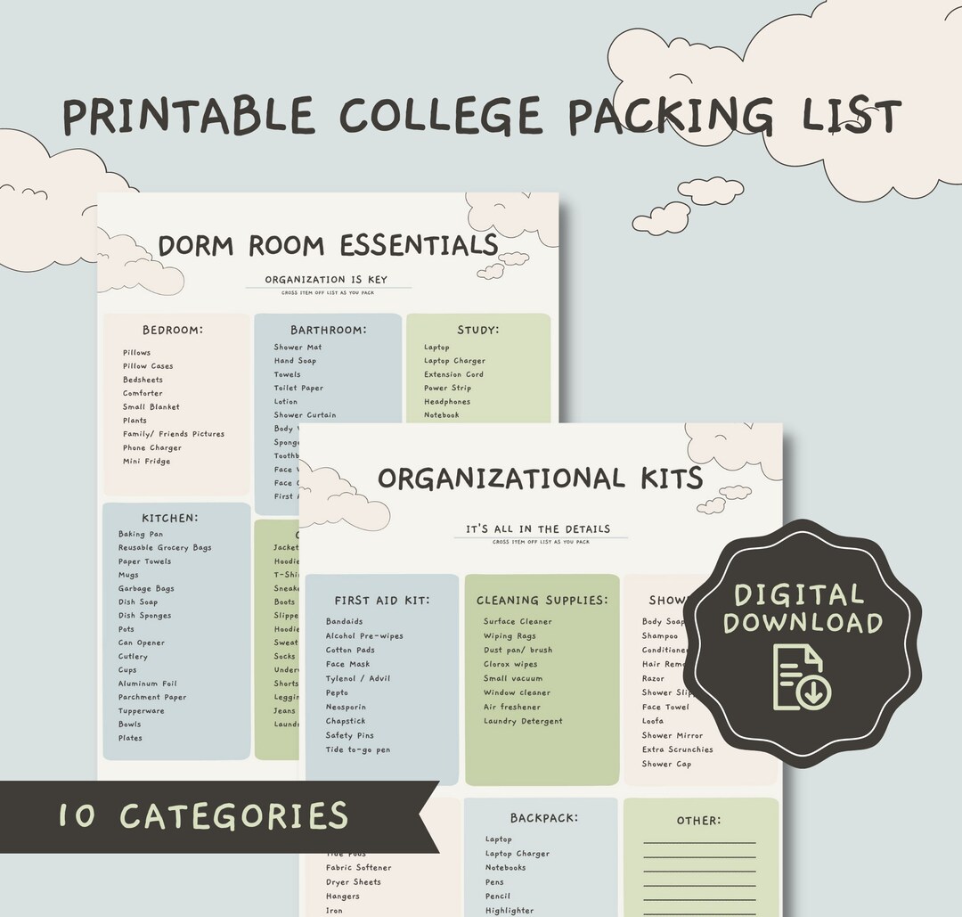 Printable College Checklist Back to College Packing List - Etsy Singapore