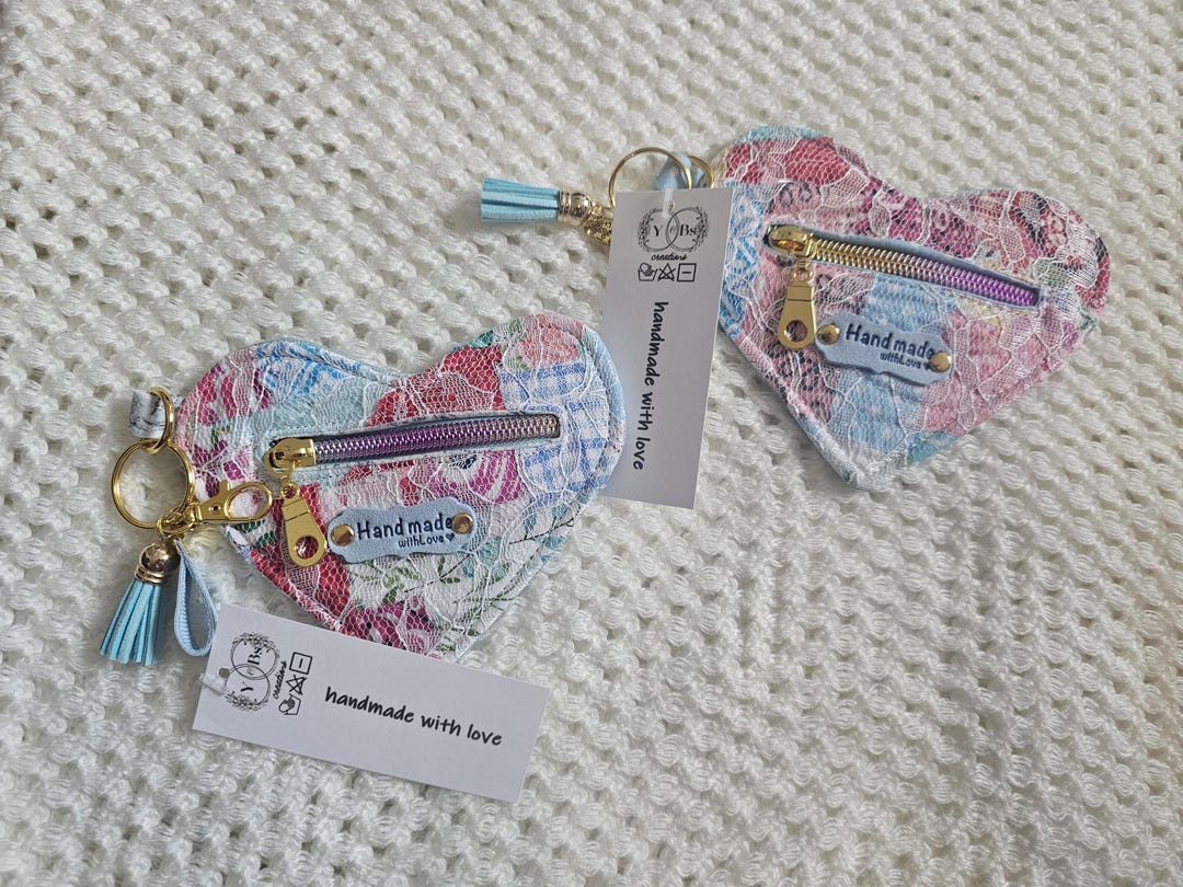 Heart Patchwork Quilted Small Pouch | Small Keychain Coin/earbud Pouch | Quilted Heart Charm ...