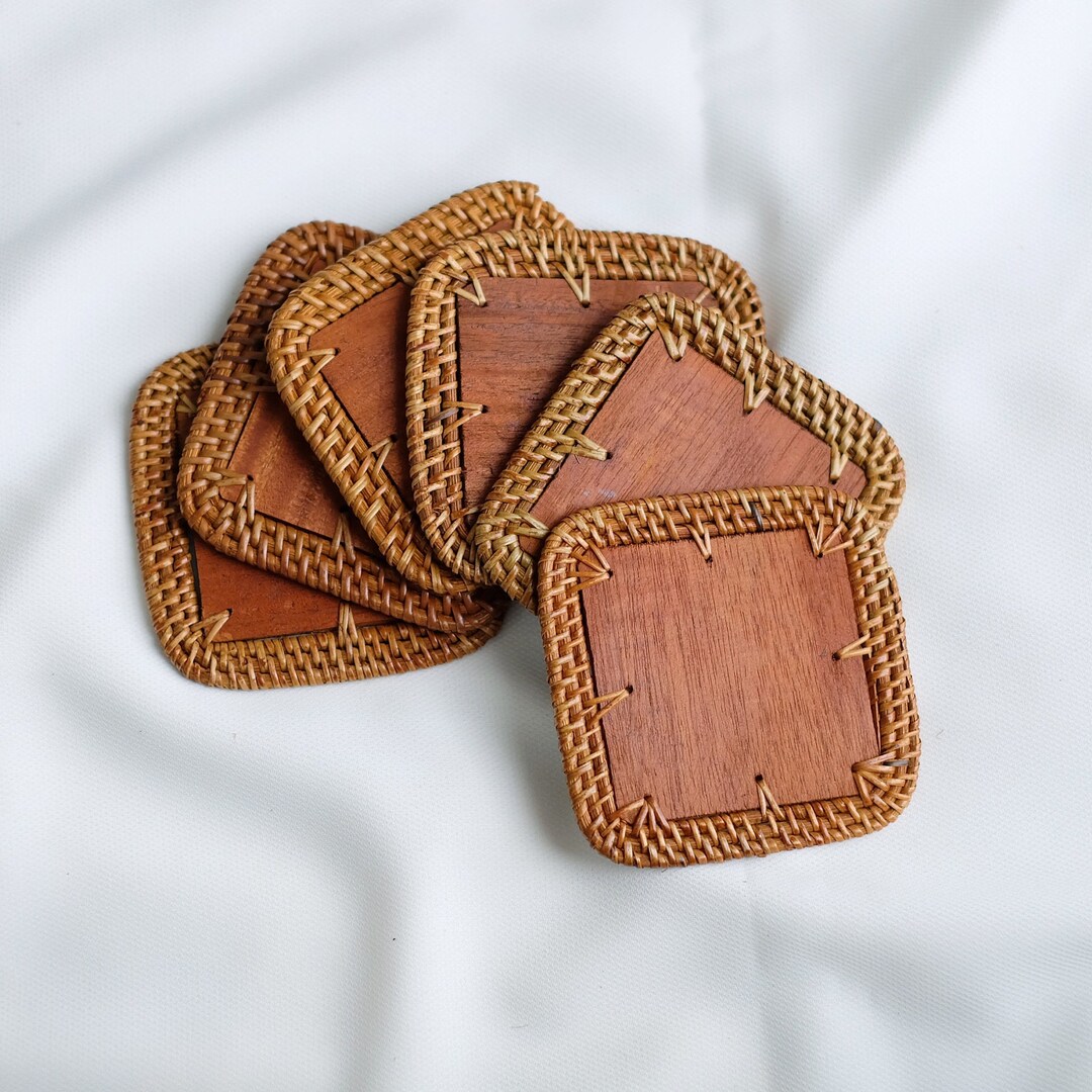 Handmade Square Wooden Rattan Coaster | Set of 6 Rattan Wicker Coaster ...