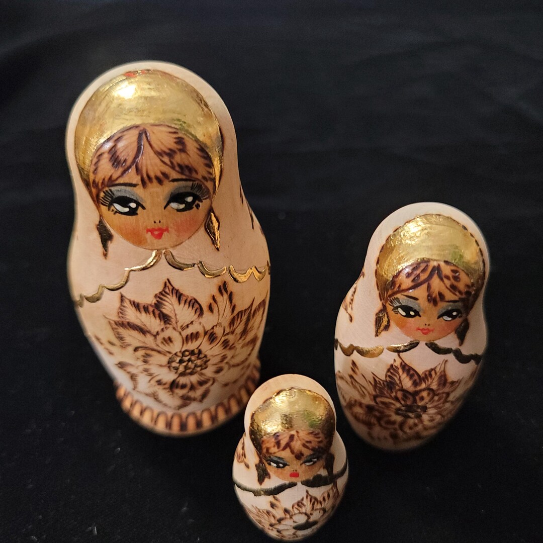 Vintage Russian Matryoshka Nesting Dolls Signed Burn Wood Gold 3 Piece Hand Painted and Wood ...