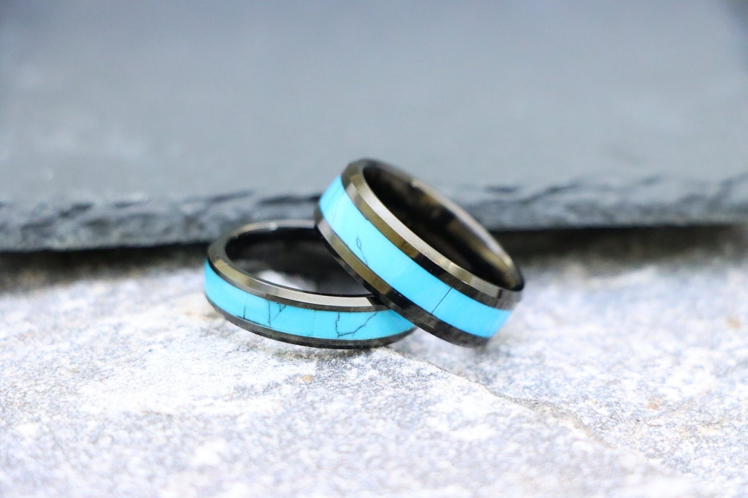 Couple Turquoise Rings, Men's Wedding Rings, Blue Turquoise Inlay Black ...