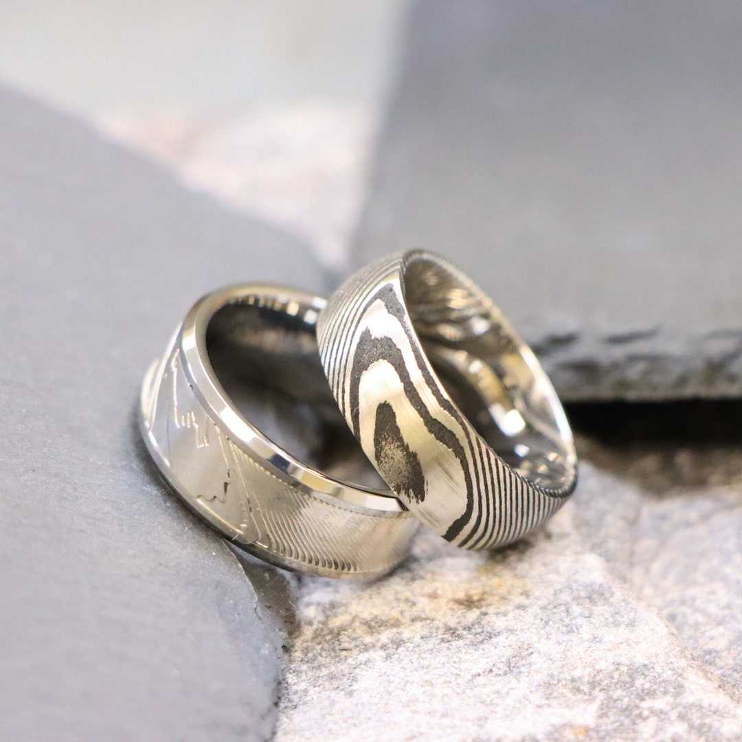 9mm Wood Carved Textured Design Engraving Ring, Silver Tungsten Ring ...