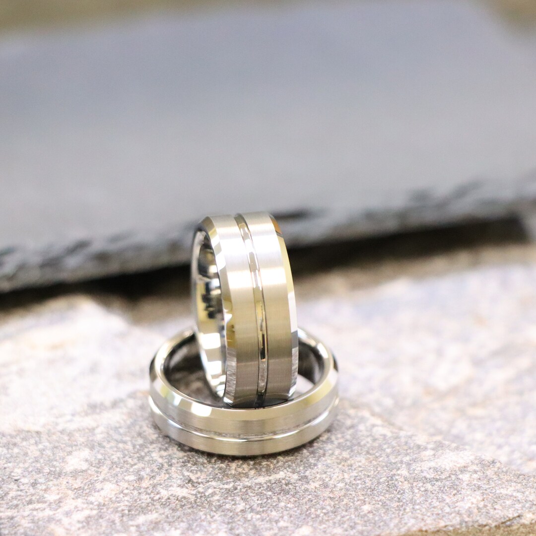 White Tungsten Rings, His and Her Wedding Rings, Womens Triple Grooved ...