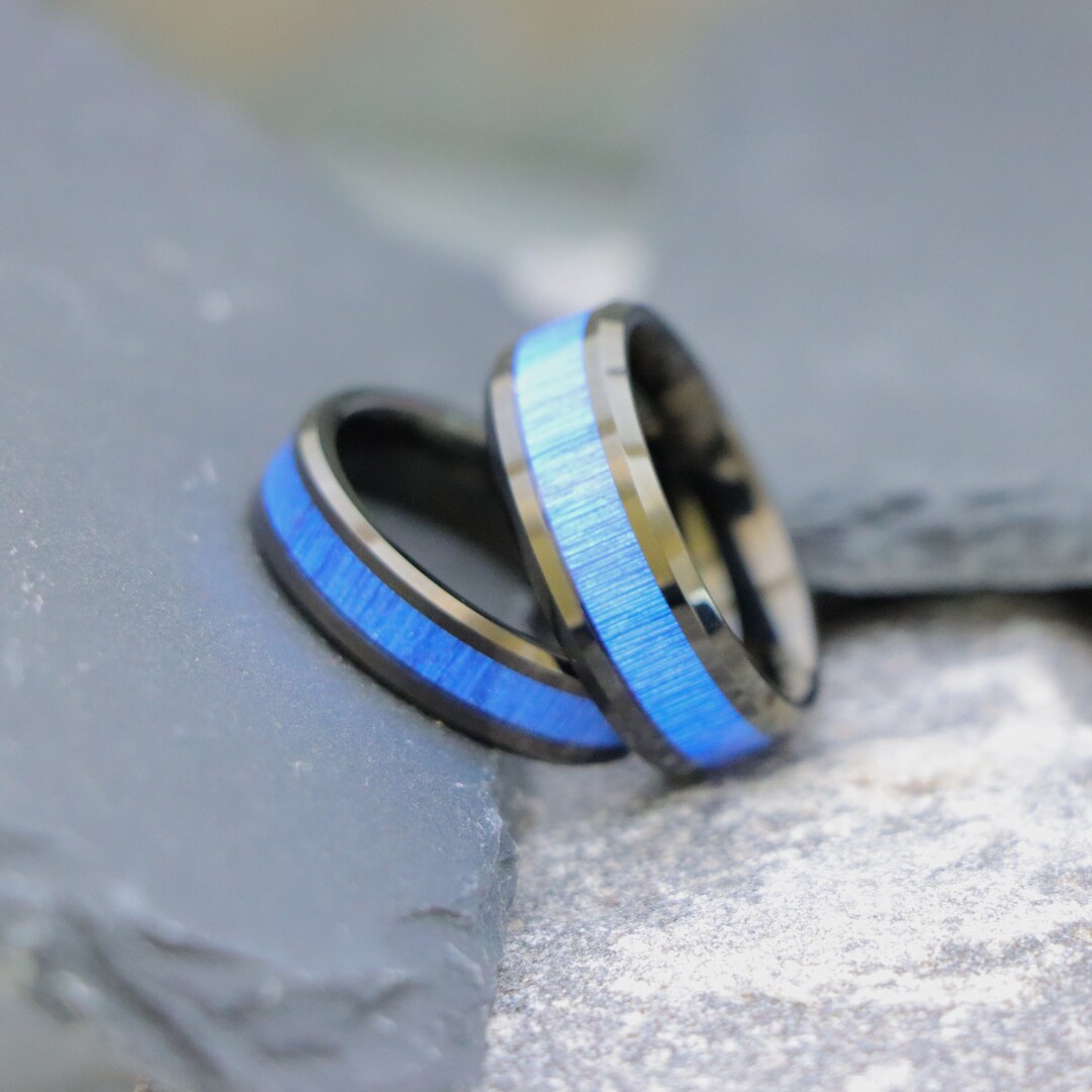Blue Dyed Bamboo Grain Fiber Inlay Promise Ring, Couple Rings,6mm/8mm ...