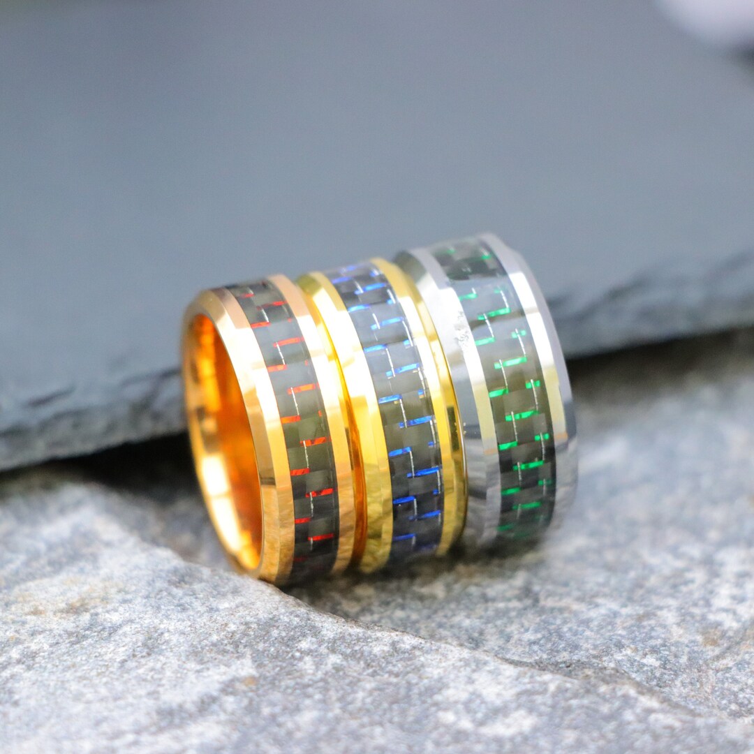 Rose Gold Tungsten Band With Red Fiber Inlay Mens Wedding Band Engraved ...