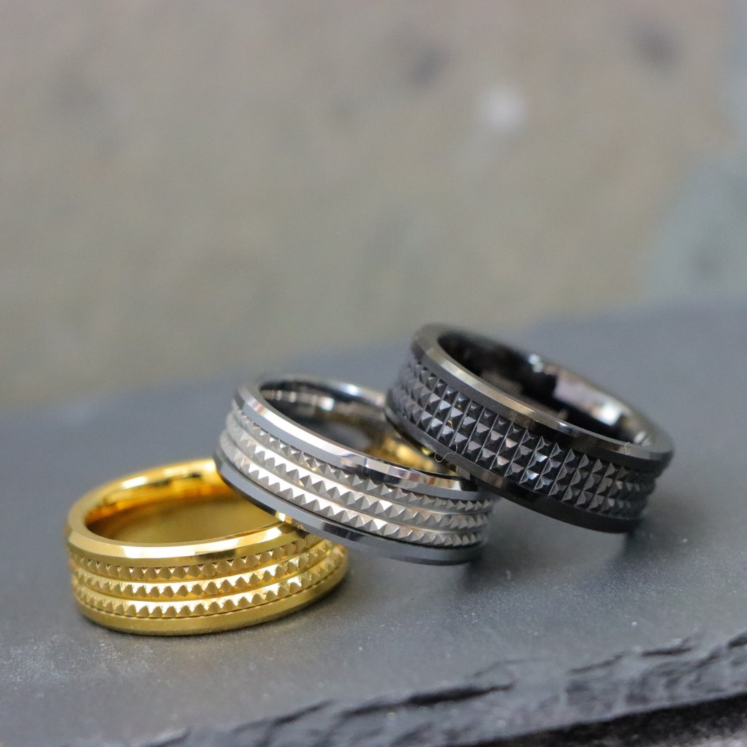 Jagged Center Tungsten Rings, 8mm Yellow Gold Ring, Black Gold ...