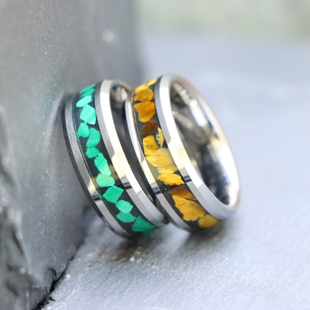Malachite Chips Inlay Wedding Bands,silver Beveled Edge 8mm Tungsten ...